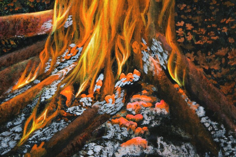 Campfire Vibes, Nature Acrylic Painting, Flame Scene, Fire in Forest ...