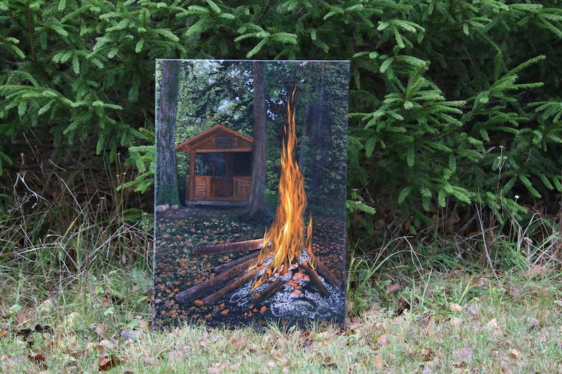 Campfire Vibes, Nature Acrylic Painting, Flame Scene, Fire in Forest ...