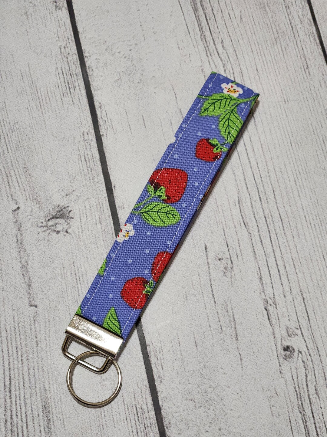 Strawberries Blue Background Keyfob/keychain Wristlet - Etsy