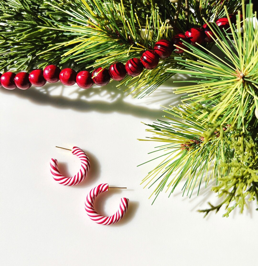 Candy Cane Mini Hoops, Lightweight and Handmade Polymer Clay Christmas ...