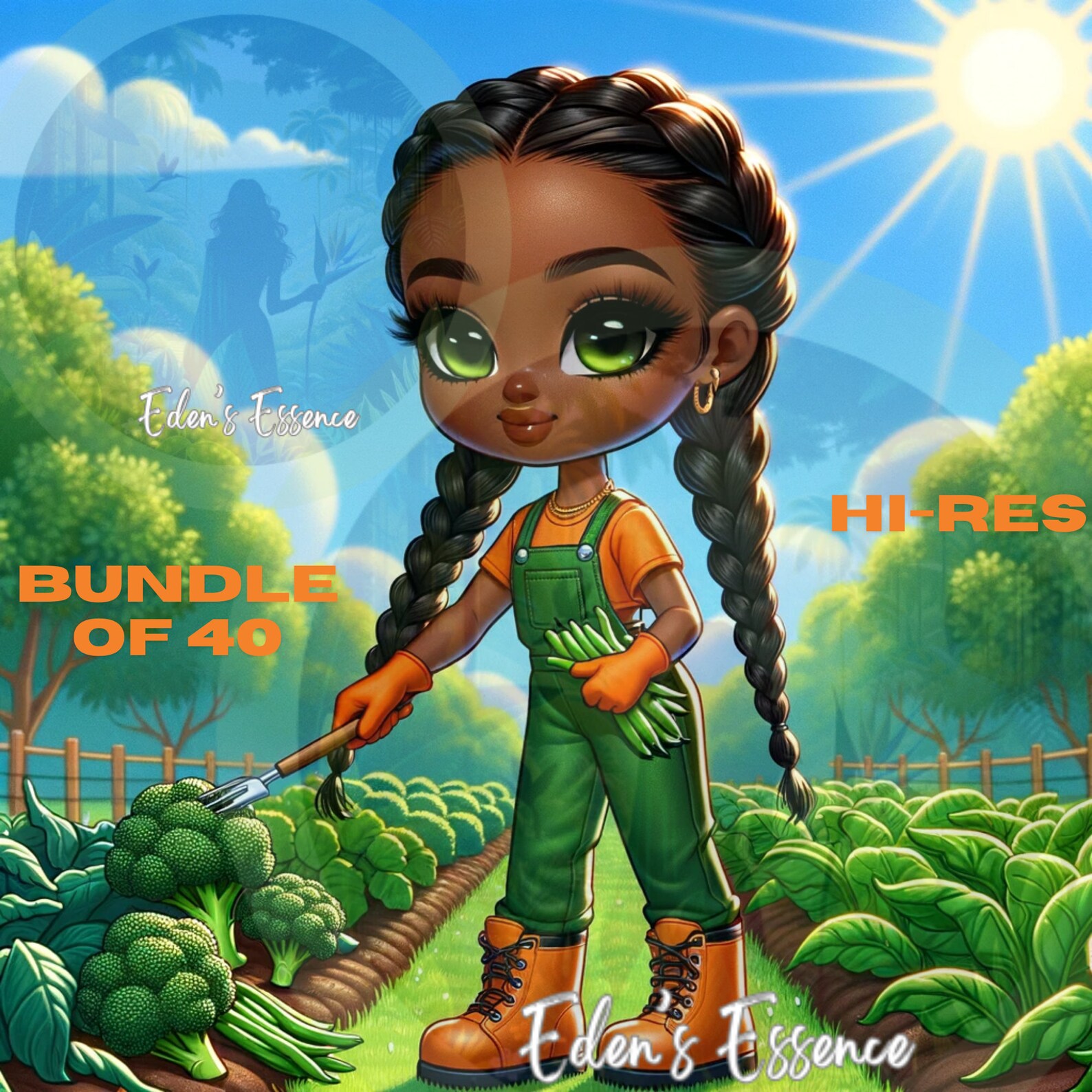 African American Chibi Girl in Garden | Bundle of 40 HI-RES PNG ...