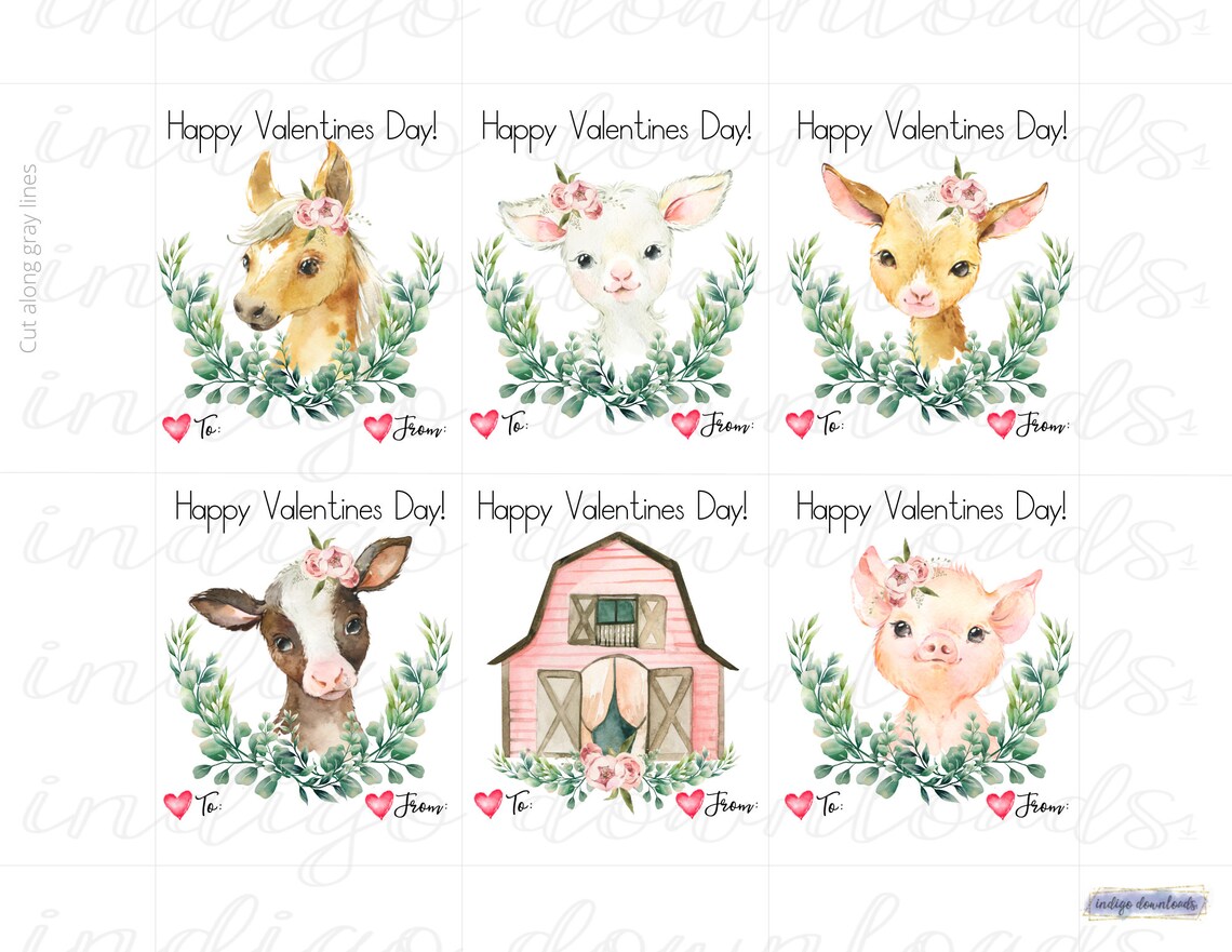 Cute Farm Animal Printable Valentine Cards, Instant Digital Download ...