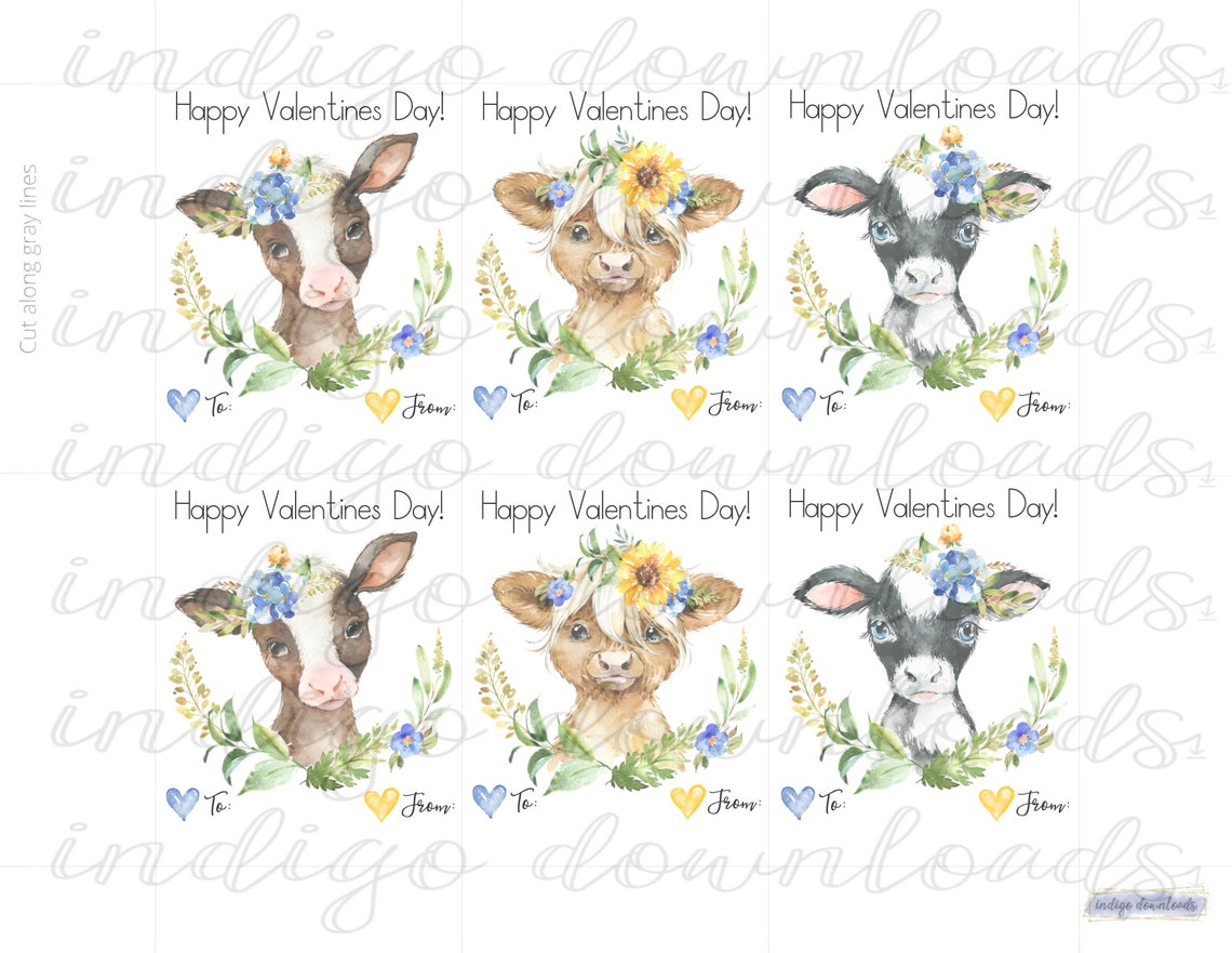 Printable Cow Valentine Cards for School Friends, Instant Digital ...