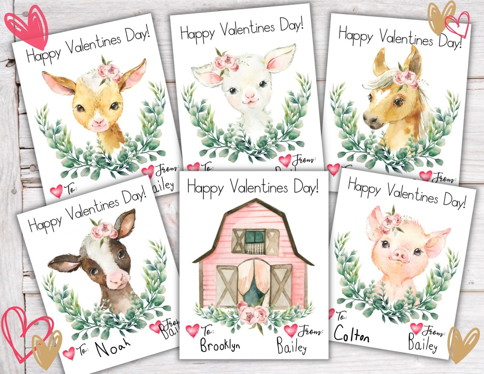 Cute Farm Animal Printable Valentine Cards, Instant Digital Download ...