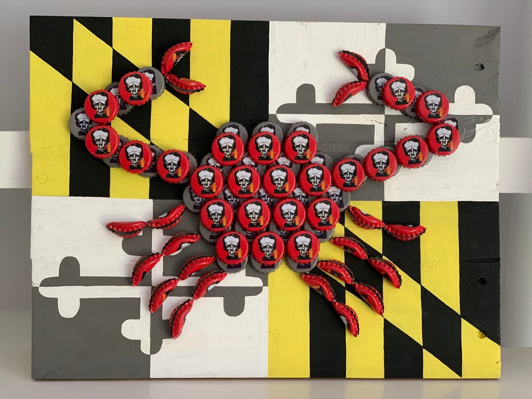Hand Painted Wood Pallet MD Flag With Edgar Allen Poe Bottle Cap Crab ...