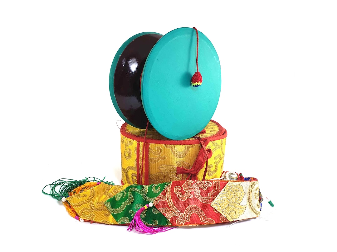 13x8 CM, Tibetan Chod Damaru, Small, Wooden and Leather, With Brocade ...