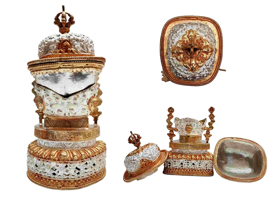 10 and 7 Inches Buddhist Handmade Kapala, Partly Gold Plated, Silver ...