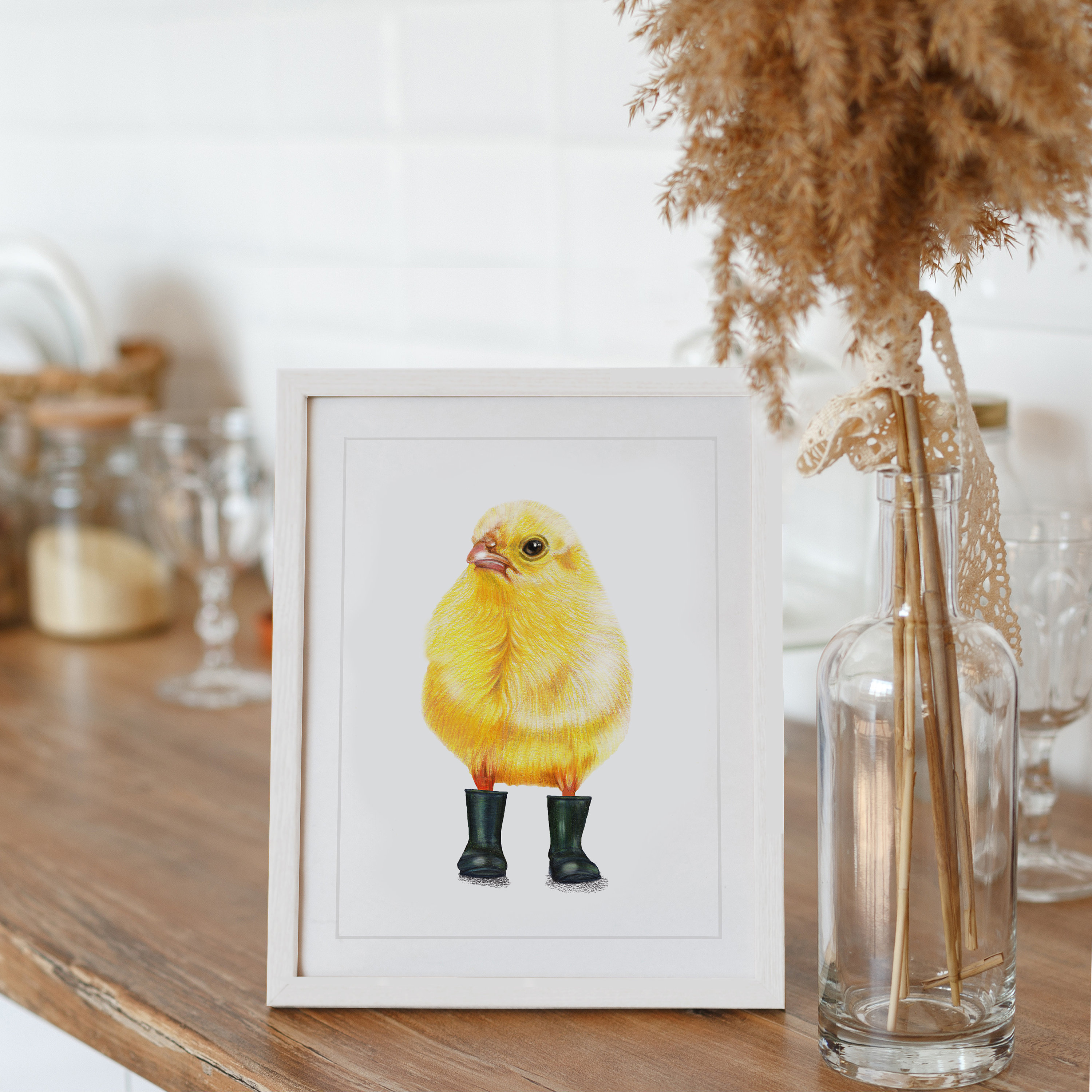 Chick in Wellies, Coloured Pencil Drawing, Funny Farm Animal Print ...