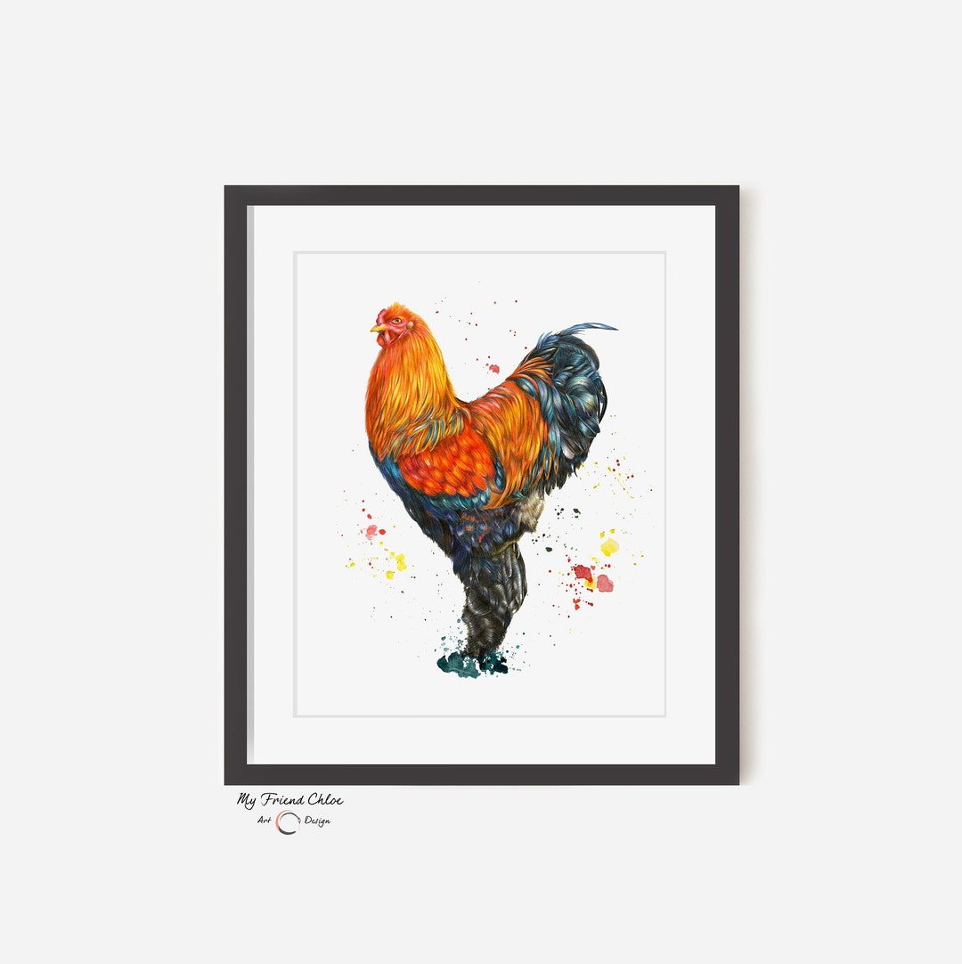Cockerel Drawing Print, Coloured Pencil Drawing, Farm House Decor ...
