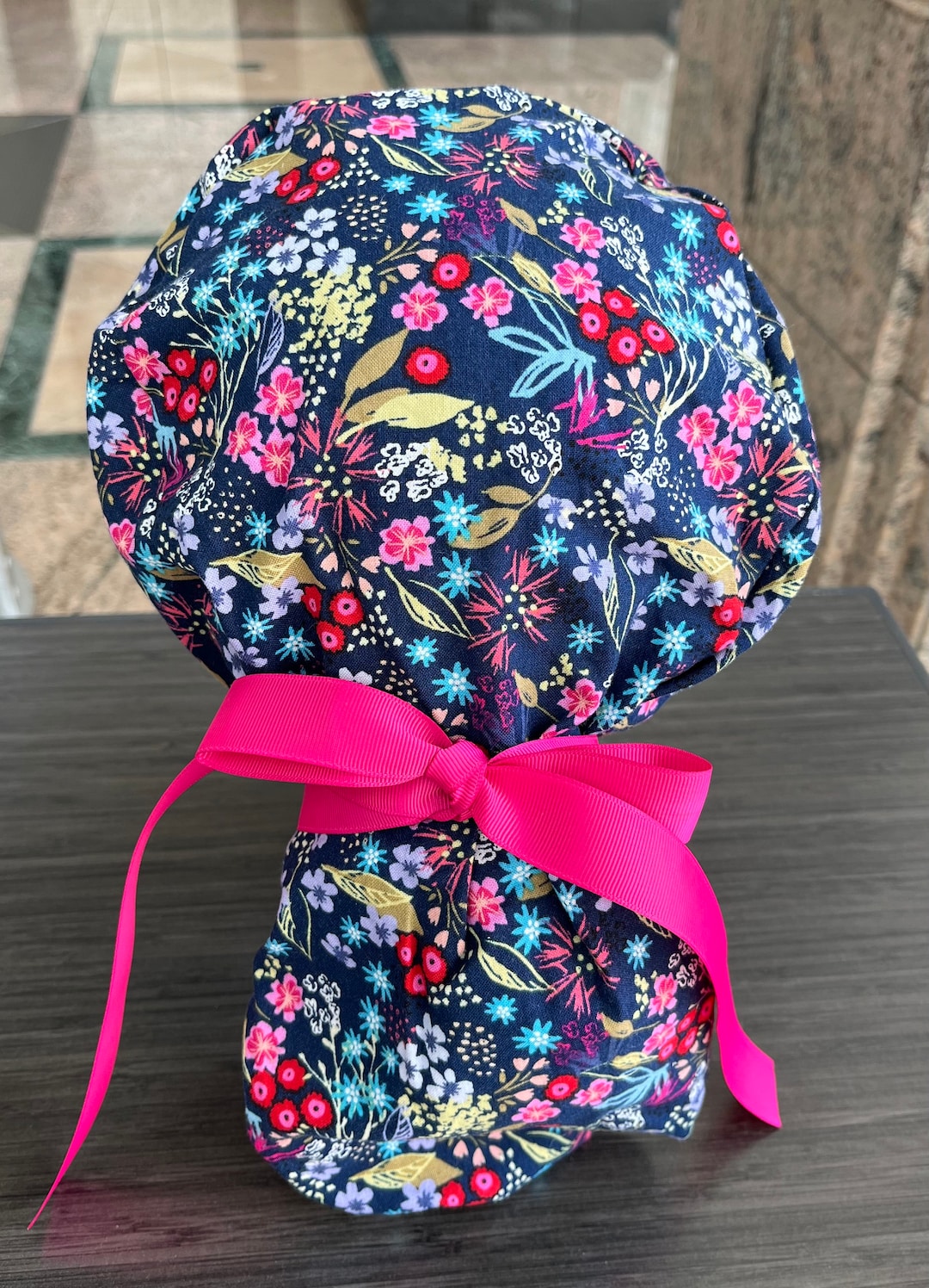 Navy Blue Floral Scrub Cap Ponytail Style - Etsy