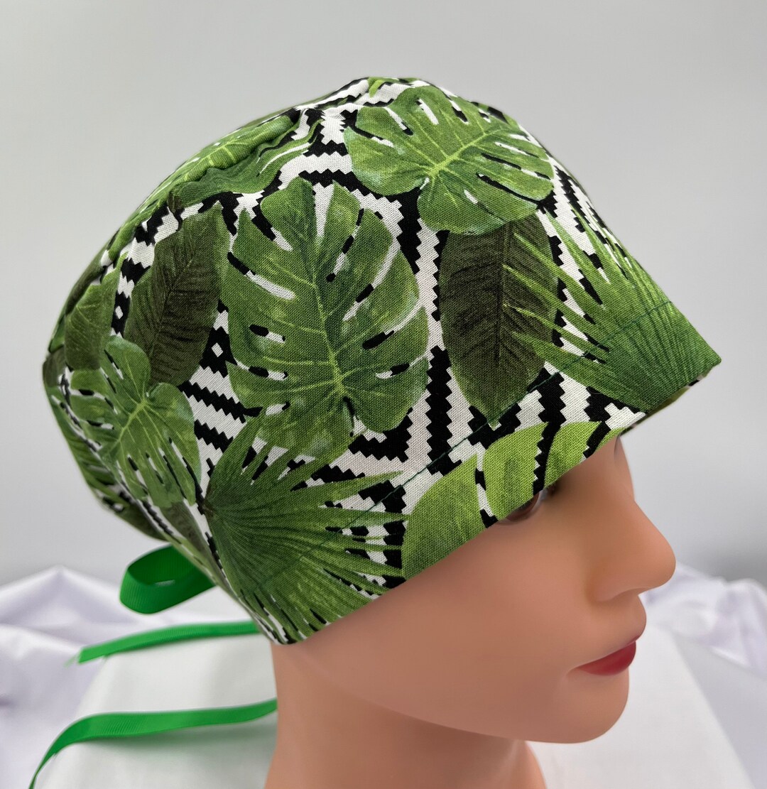 Monstera and Palm Leaves Scrub Cap Euro Style With Ribbon Ties or ...