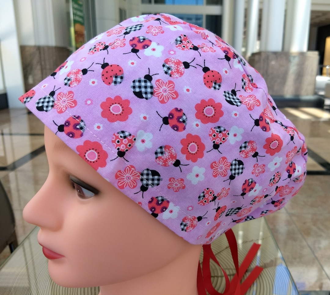 Floral Lady Bugs Scrub Cap With Ribbon Ties or Toggle Cord Lock - Etsy