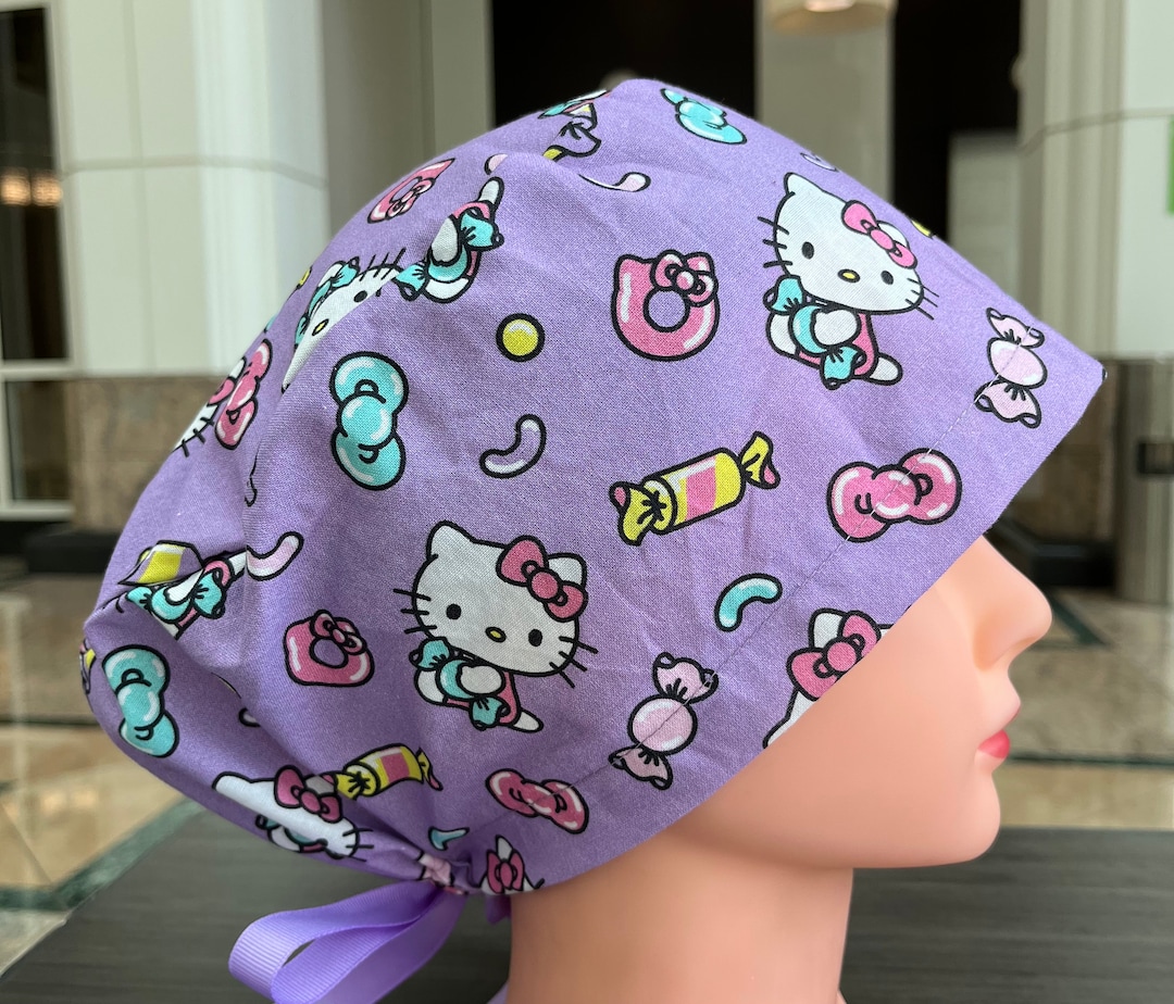 Purple Hello Kitty Cat Scrub Cap With Ribbon Ties or Toggle Cord Lock ...