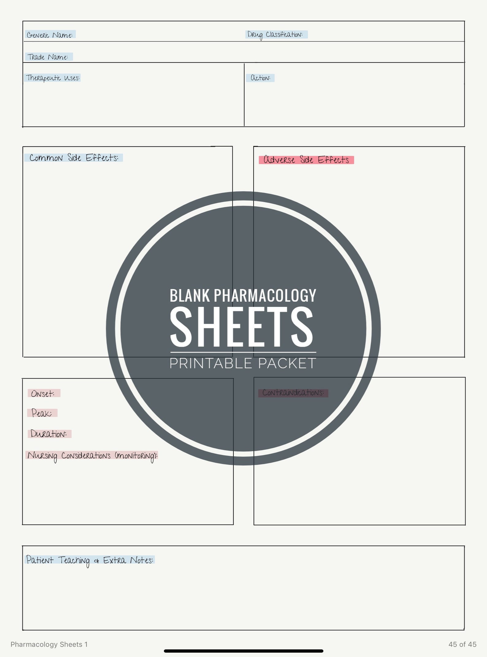 Blank Pharmacology Sheets: Printable Packet PDF - Etsy