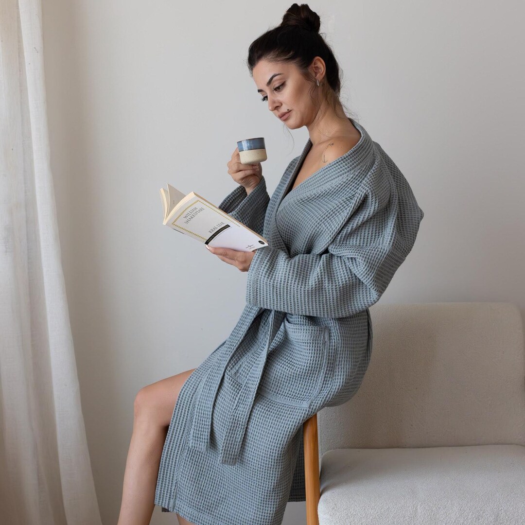 Green Waffle Weave Cotton Robe, Versatile Unisex Robe for Home, Custom ...