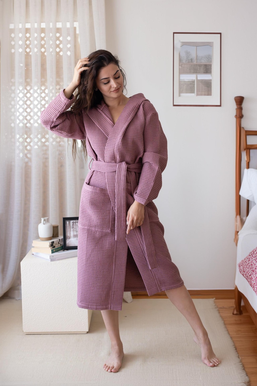 Cotton Robe, Dusty Pink Waffle Bathrobe, Robe With Hood, Beach Wear ...