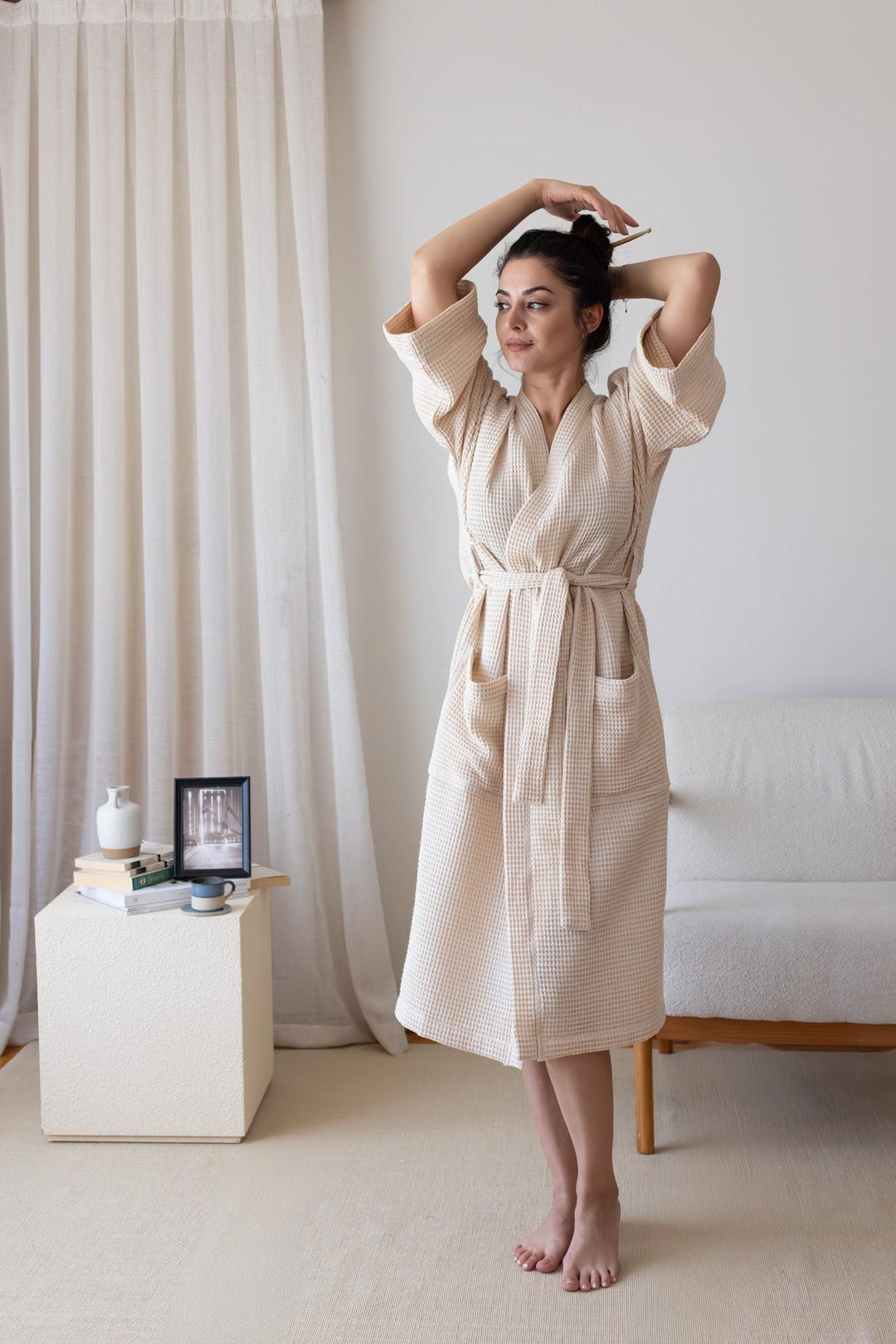 Luxury Organic Cotton Kimono Robe - Long Bathrobe, Waffle Spa Robe ...