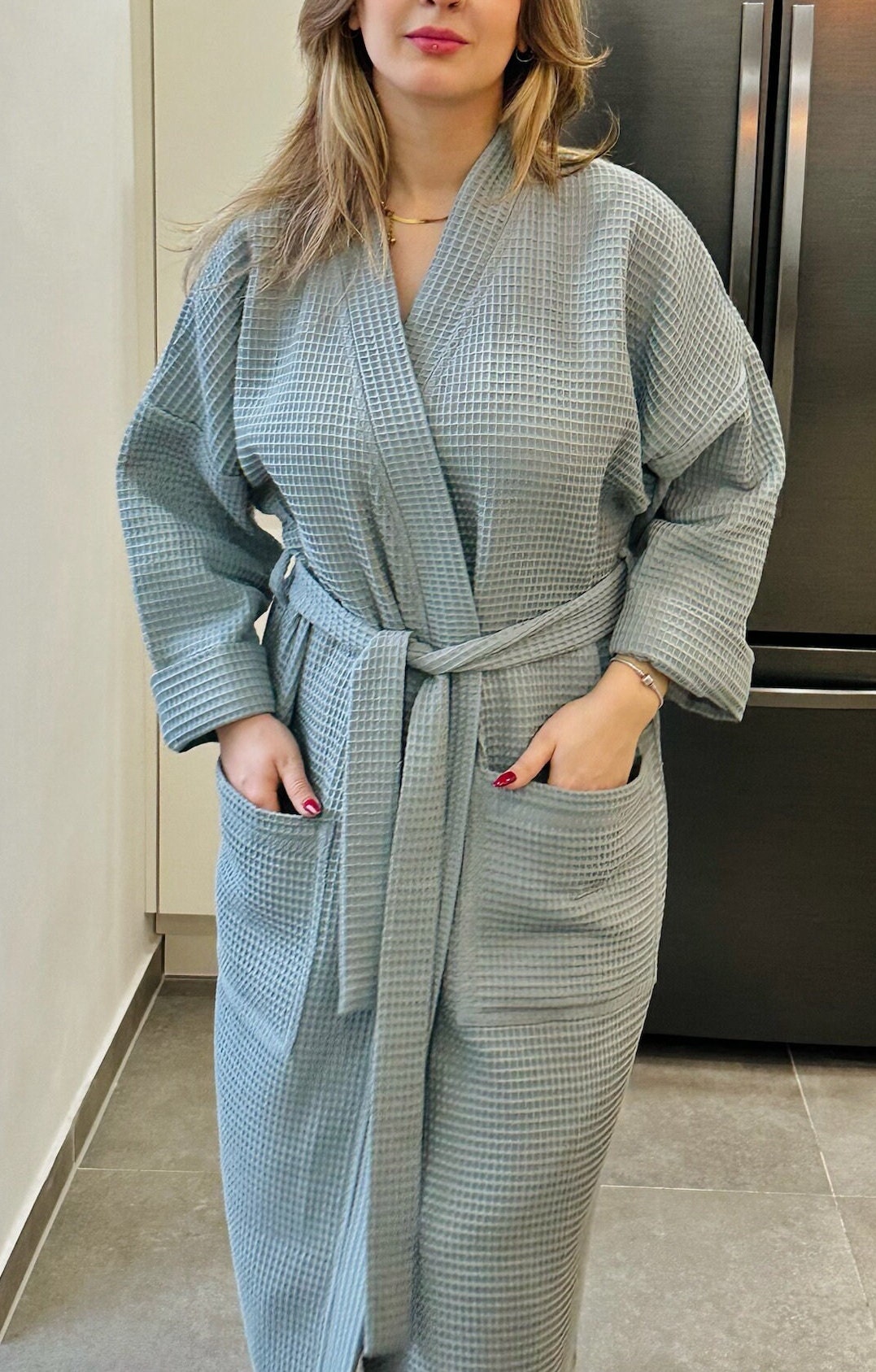 Green Waffle Weave Cotton Robe, Versatile Unisex Robe for Home, Custom ...