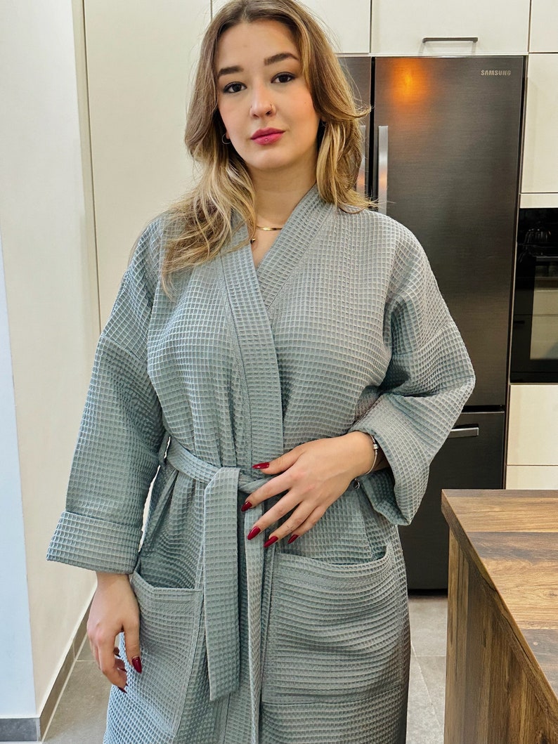 Green Waffle Weave Cotton Robe, Versatile Unisex Robe for Home, Custom ...