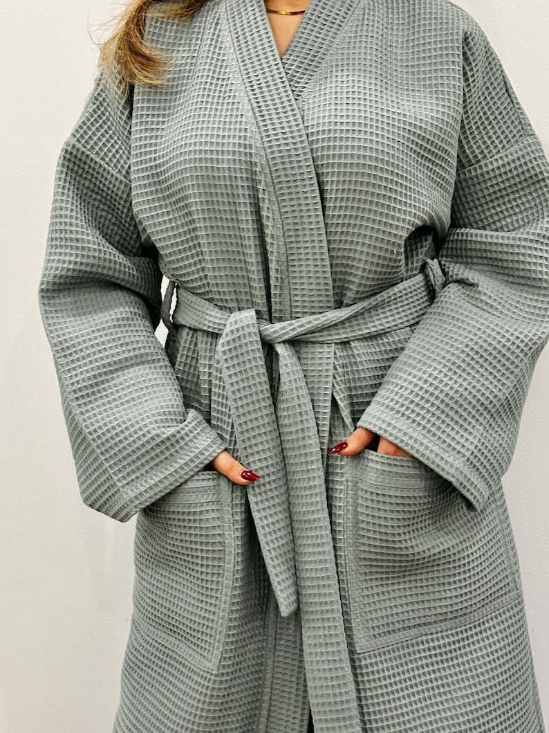Green Waffle Weave Cotton Robe, Versatile Unisex Robe for Home, Custom Bath Robe for Men and ...