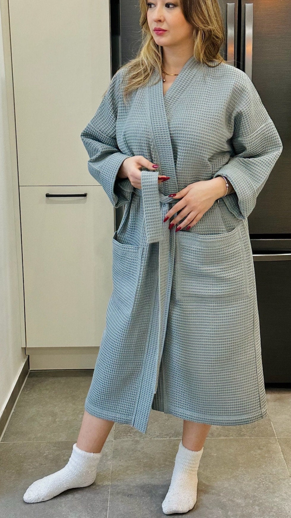 Green Waffle Weave Cotton Robe, Versatile Unisex Robe for Home, Custom ...