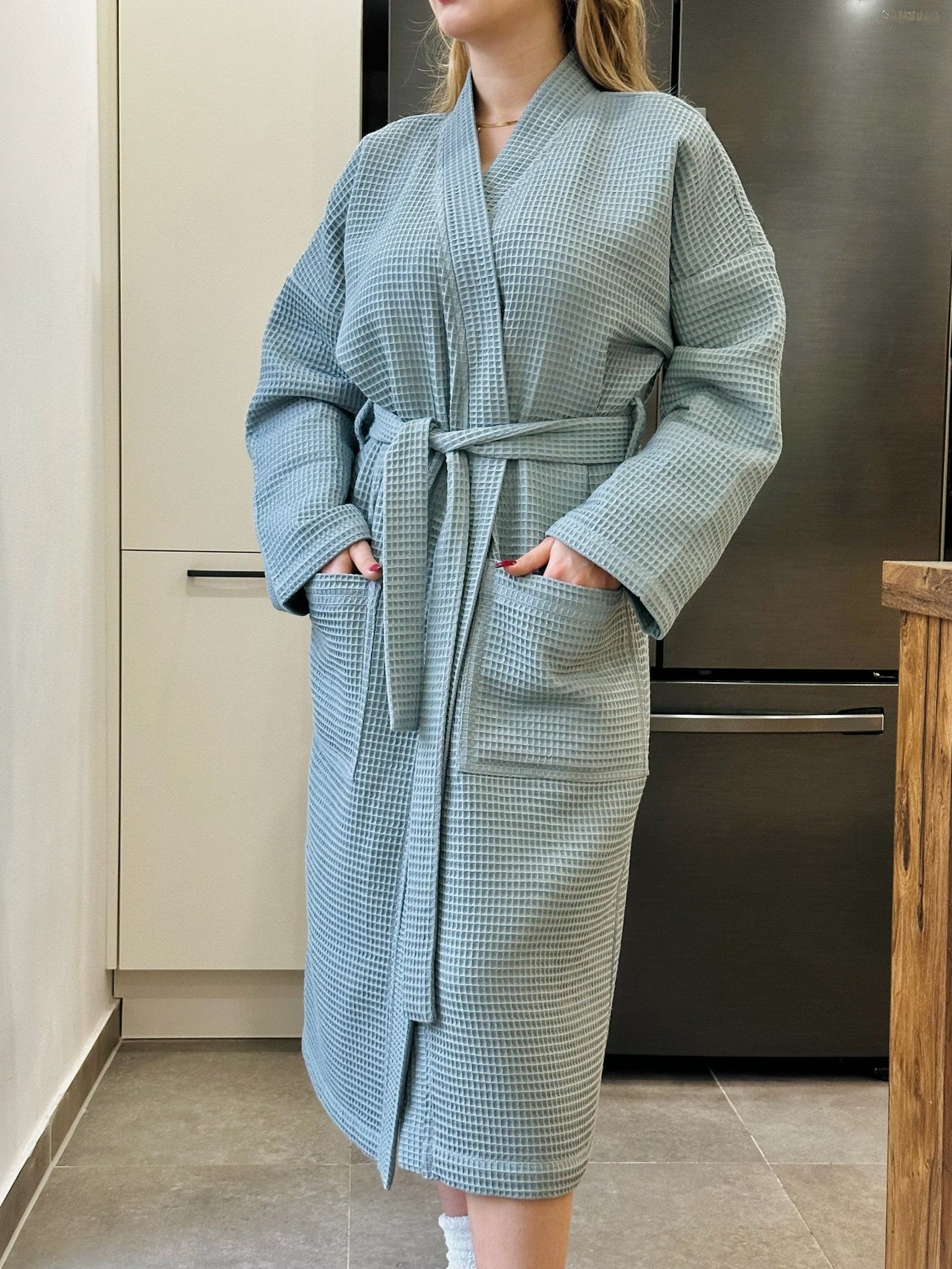 Green Waffle Weave Cotton Robe, Versatile Unisex Robe for Home, Custom ...