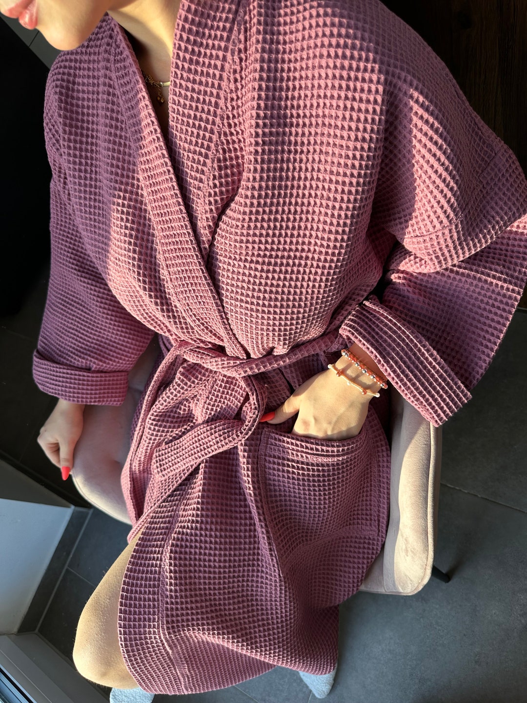 Organic Cotton Waffle Bathrobe, Kimono Spa Robe, Dusty Rose Bathrobe ...