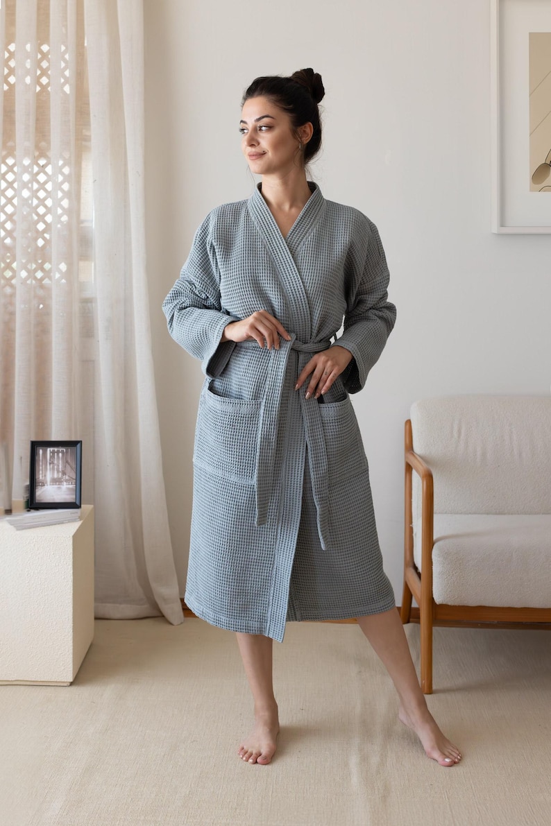 Green Waffle Weave Cotton Robe, Versatile Unisex Robe for Home, Custom ...
