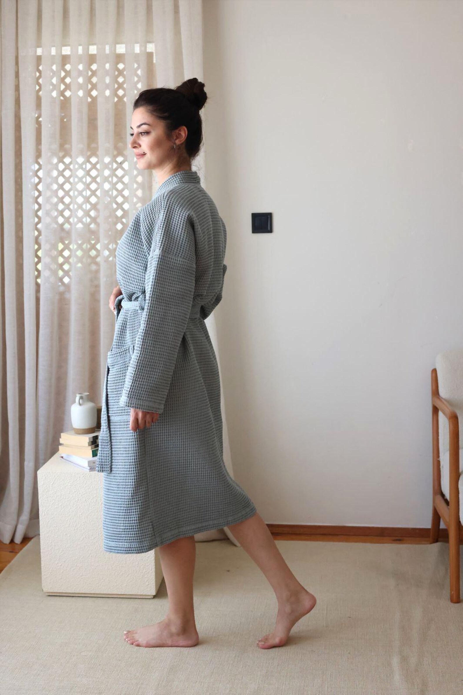 Green Waffle Weave Cotton Robe, Versatile Unisex Robe for Home, Custom ...