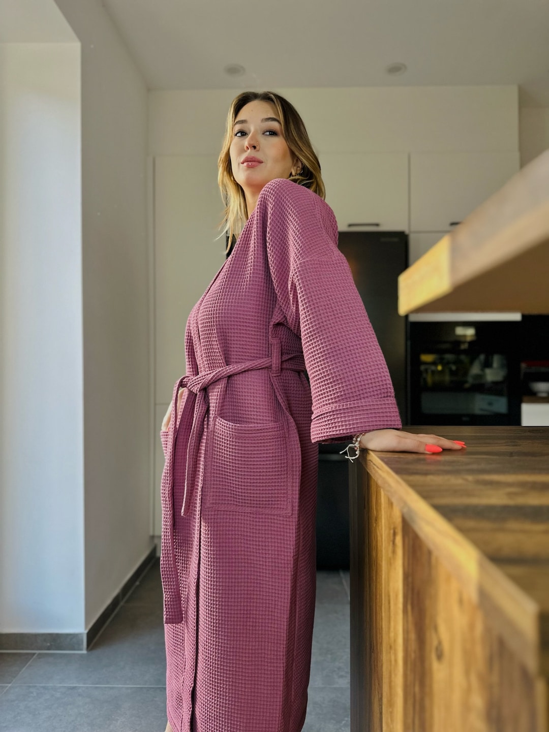Dusty Pink Waffle Robe With Pockets, Organic Cotton Loungewear for ...