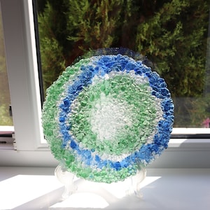 Coastal Round Wall Art 3D Circle Glass Panel Aqua Blue Home Decor Fused ...