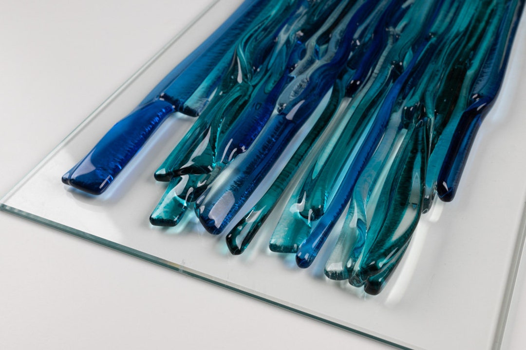 Aqua Blue Wall Panel Installation Modern Art Coastal Wall Decor Fused ...