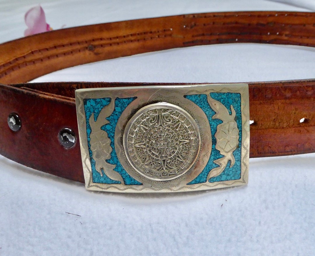 Vintage Mexican Alpaca Silver Turquoise Inlaid Belt Buckle With Brown ...