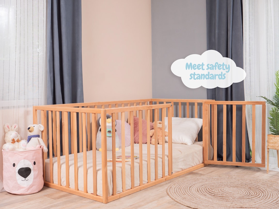Montessori Bed, Floor Bed for Toddler, Wooden Baby Gate, Bed With Extra ...