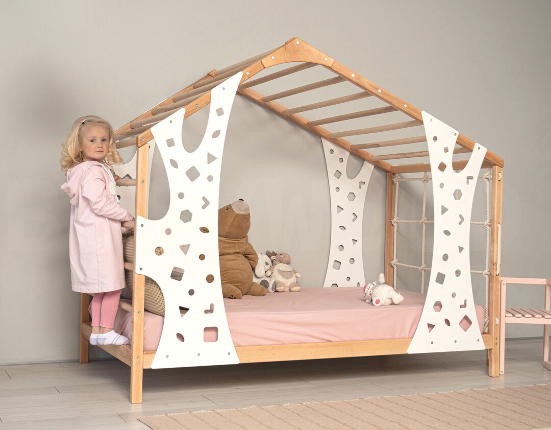 Busywood Montessori Climbing Bed, Wooden Kids Playing Bed Frame ...