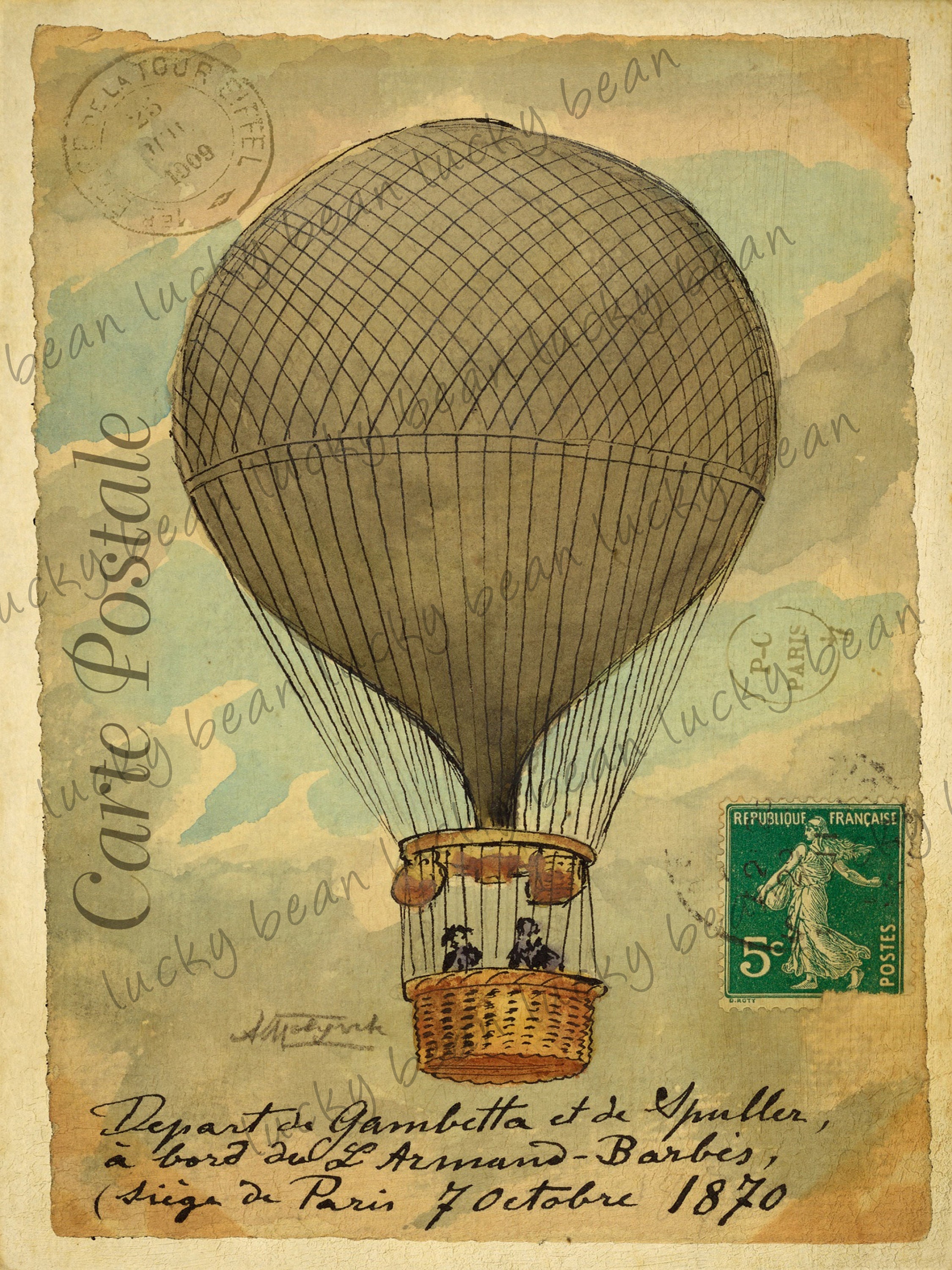 Wall Décor Hot Air Balloon Poster Antique French Postcard Printable
