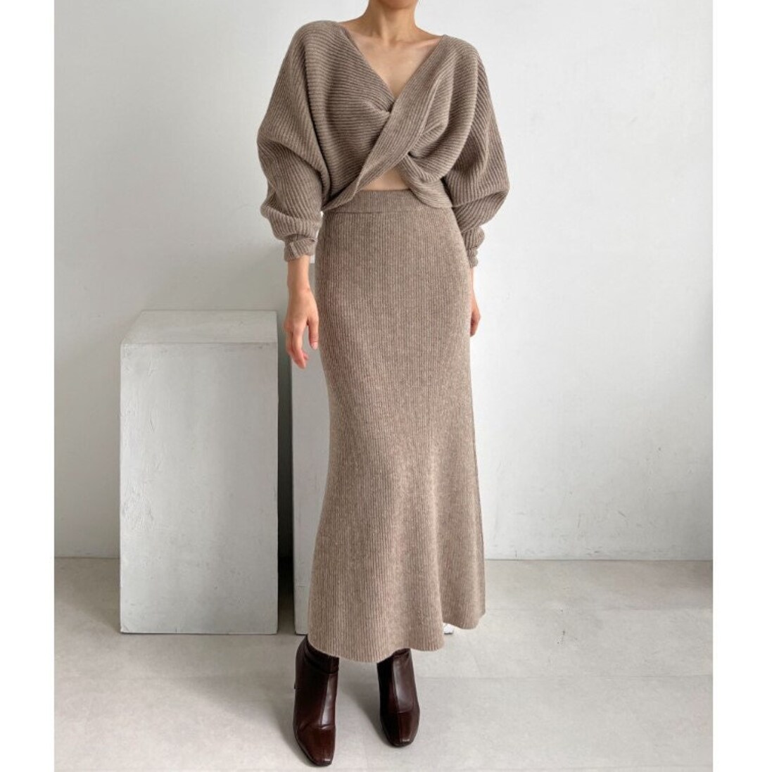 Knit Top and Skirt Set / Lambs Wool Sweater / Wrap Knit Top / Knit 2pcs ...