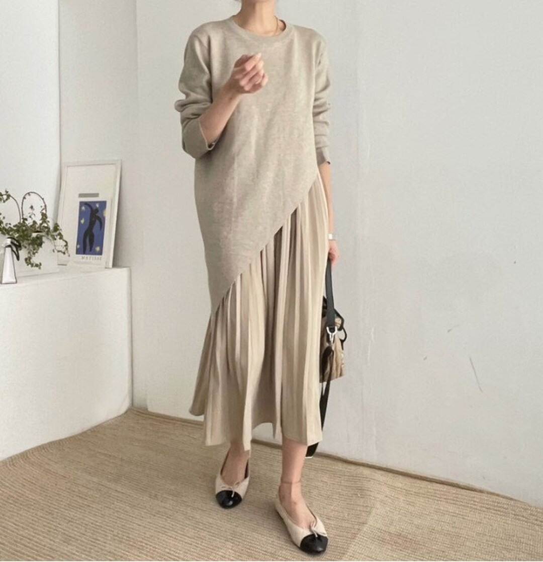 Unbalanced Line Knit Dress / Maxi Long Dress / A-line Dress / Pleated ...