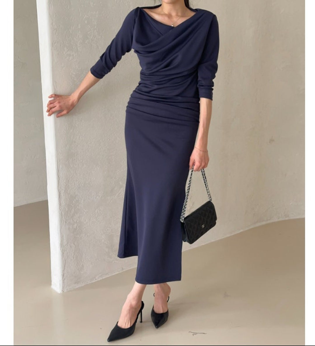 Unbalanced Shirring Neck Dress / Boat Neck Dress / Shirring Dress ...
