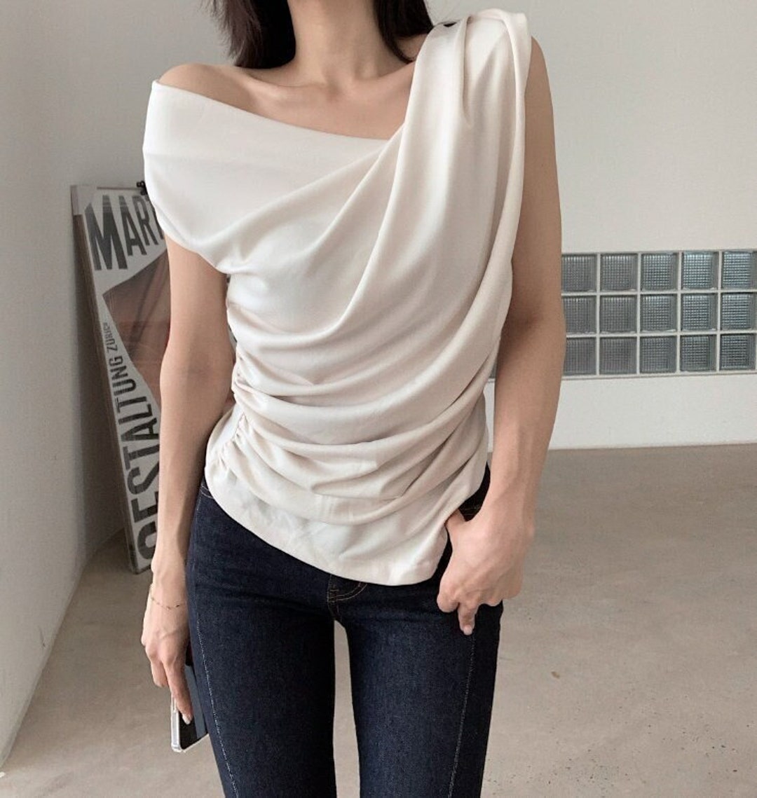 Unbalanced Shirring Top / Cowl Neck Top / Shirring Mood Top / Drape ...