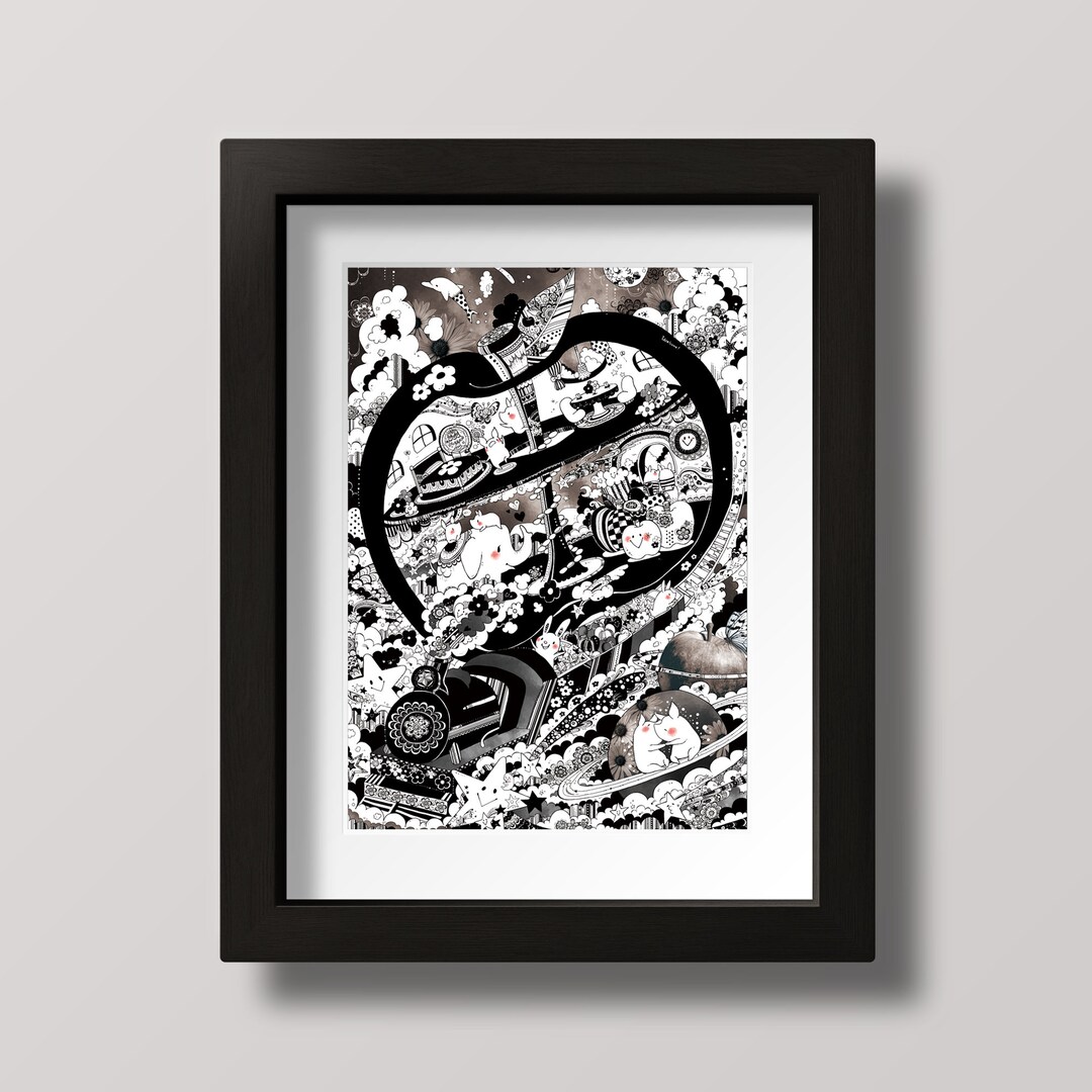 Apple Hause Art Print: Whimsical Animal Illustration, Black and White ...