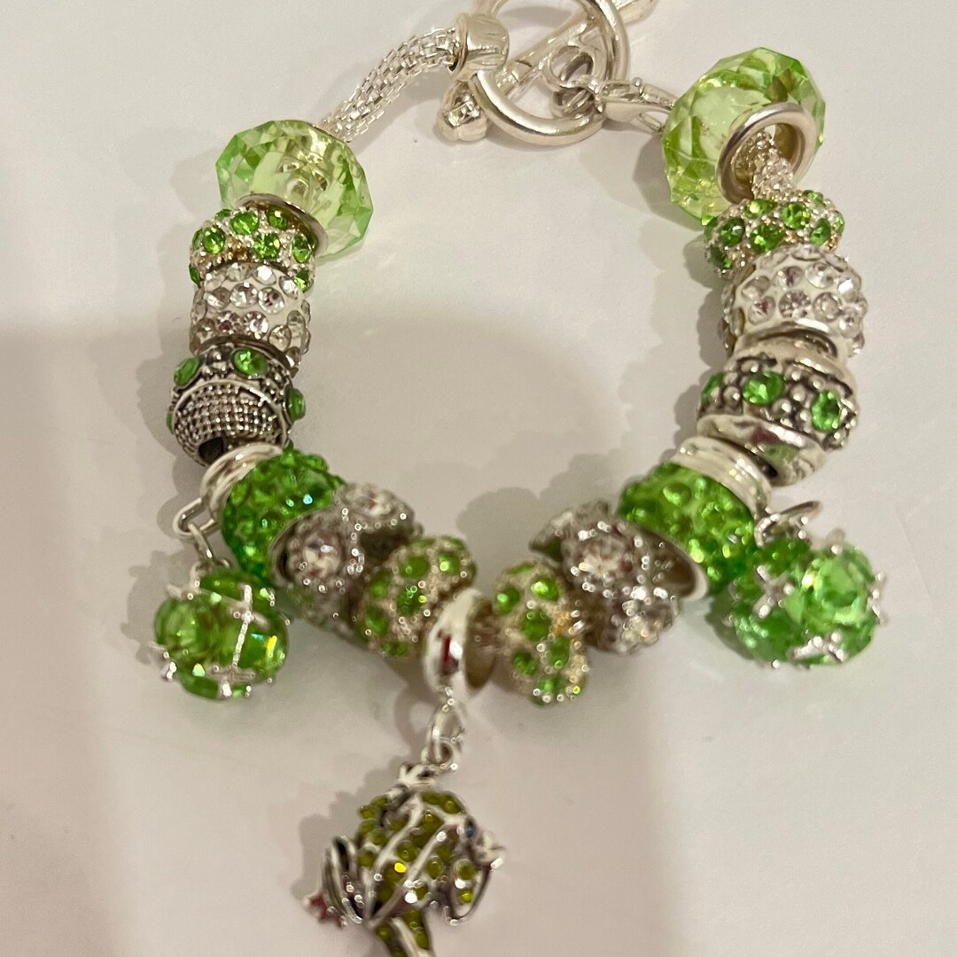 Light Green Charm Bracelet With Rhinestone Frog Charm. - Etsy