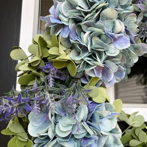 A Beautiful Blue Hydrangea Wreath With Sprigs of Lavender is Made on a Wreath of Eucalyptus ...