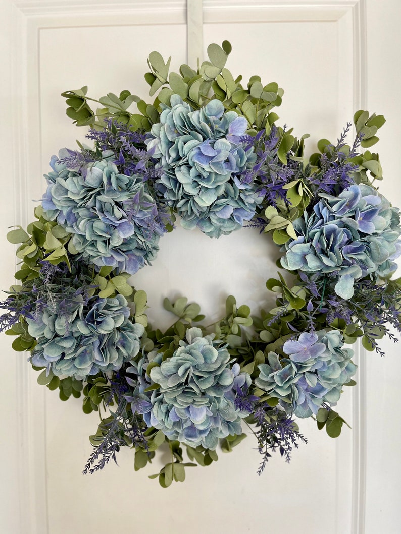 A Beautiful Blue Hydrangea Wreath With Sprigs of Lavender is Made on a Wreath of Eucalyptus ...