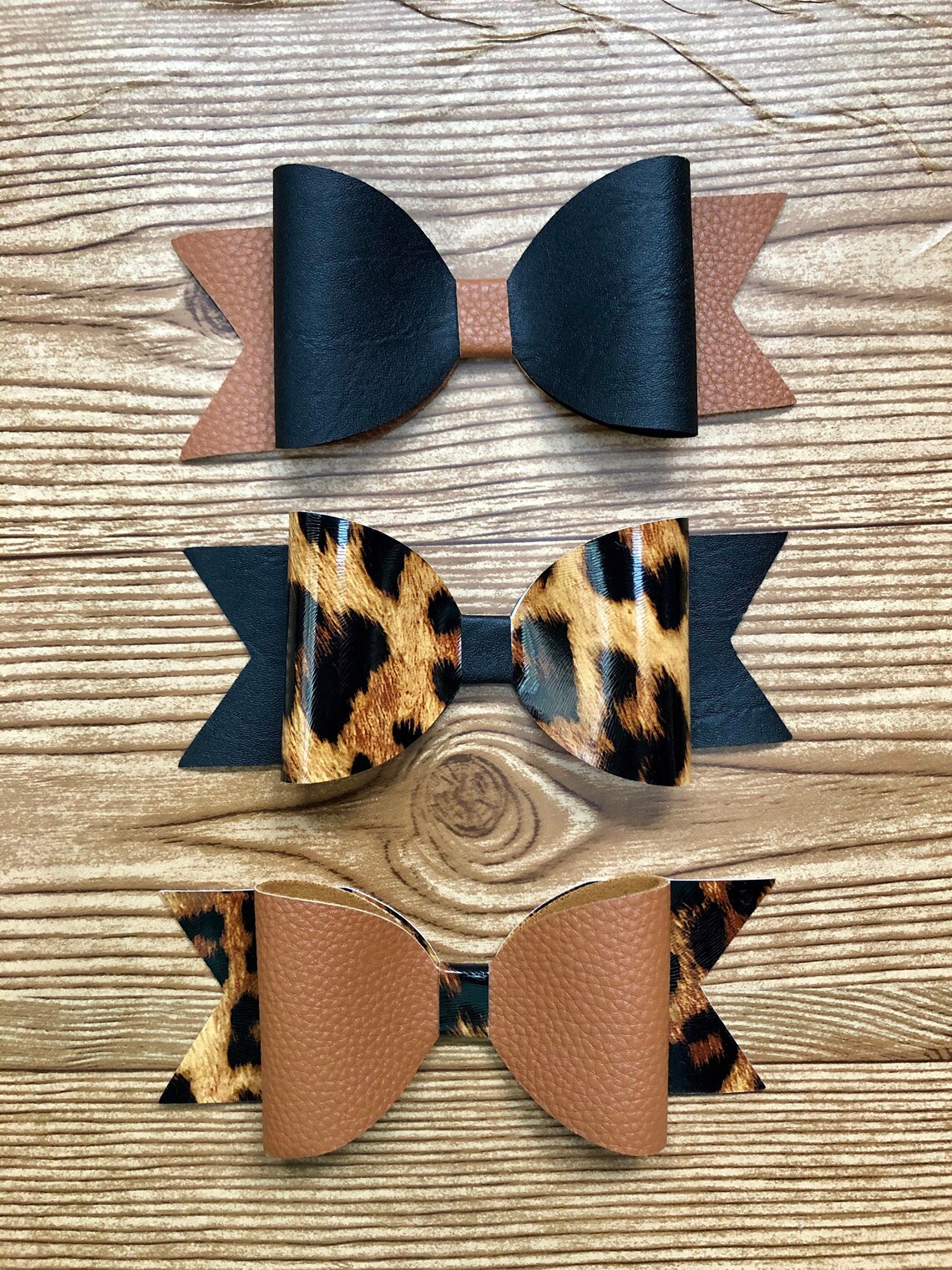 6" Neutral and Leopard Print Faux Leather Bow Hair Clips - Hair Clips ...