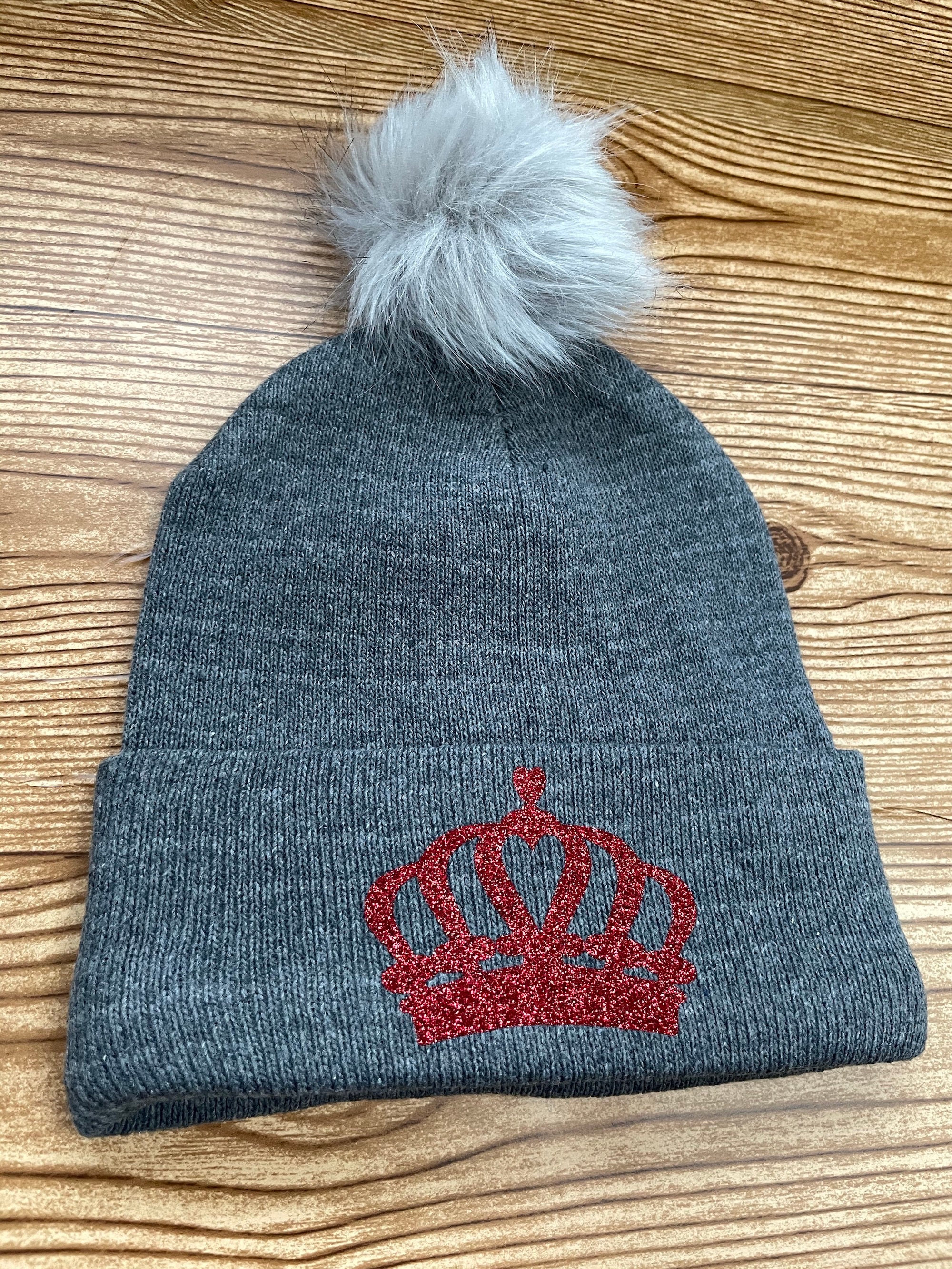 Gray Knit Hat Beanie with Red Glitter Crown and Custom Pom Pom | Etsy