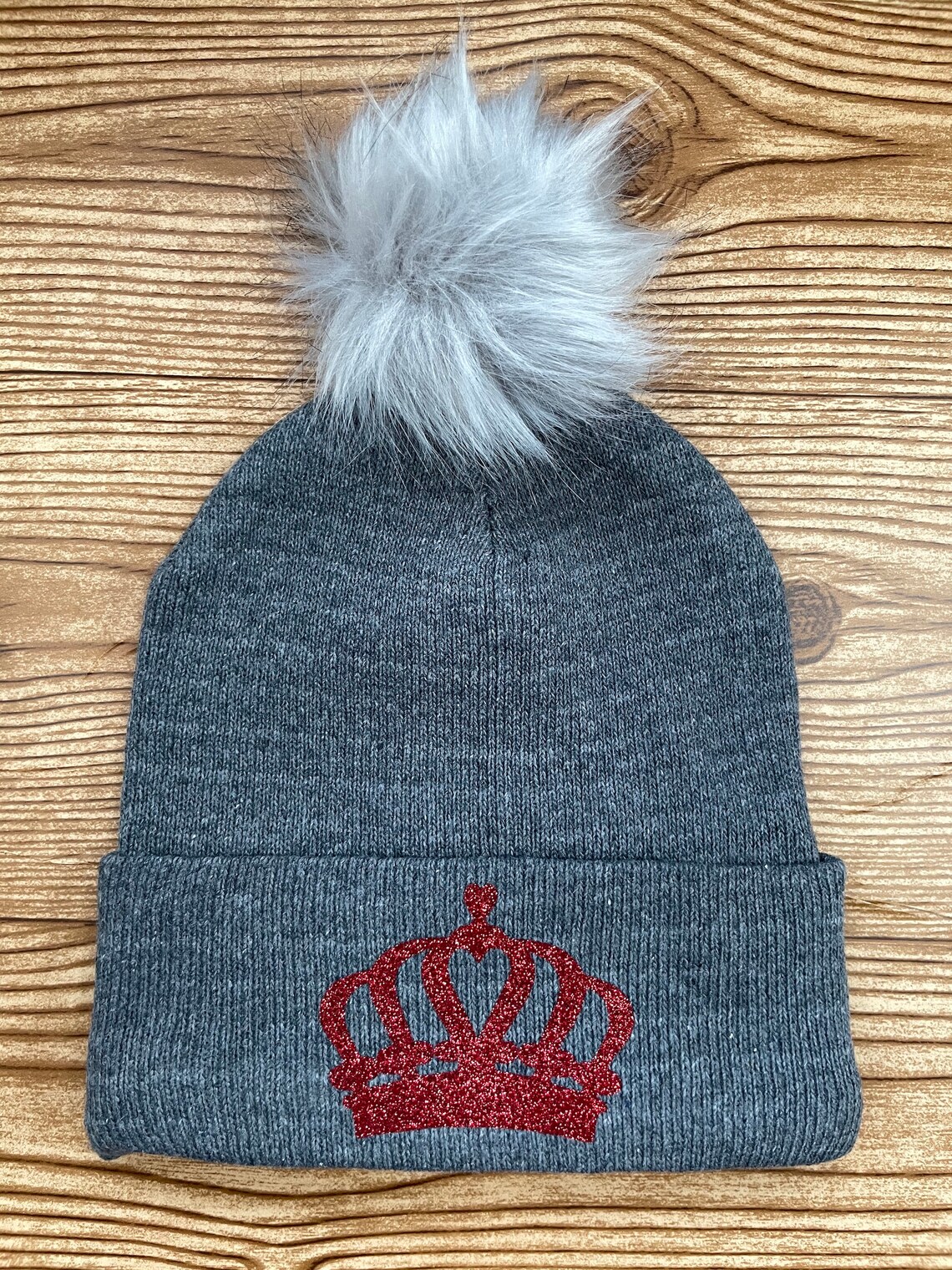 Gray Knit Hat Beanie with Red Glitter Crown and Custom Pom Pom | Etsy