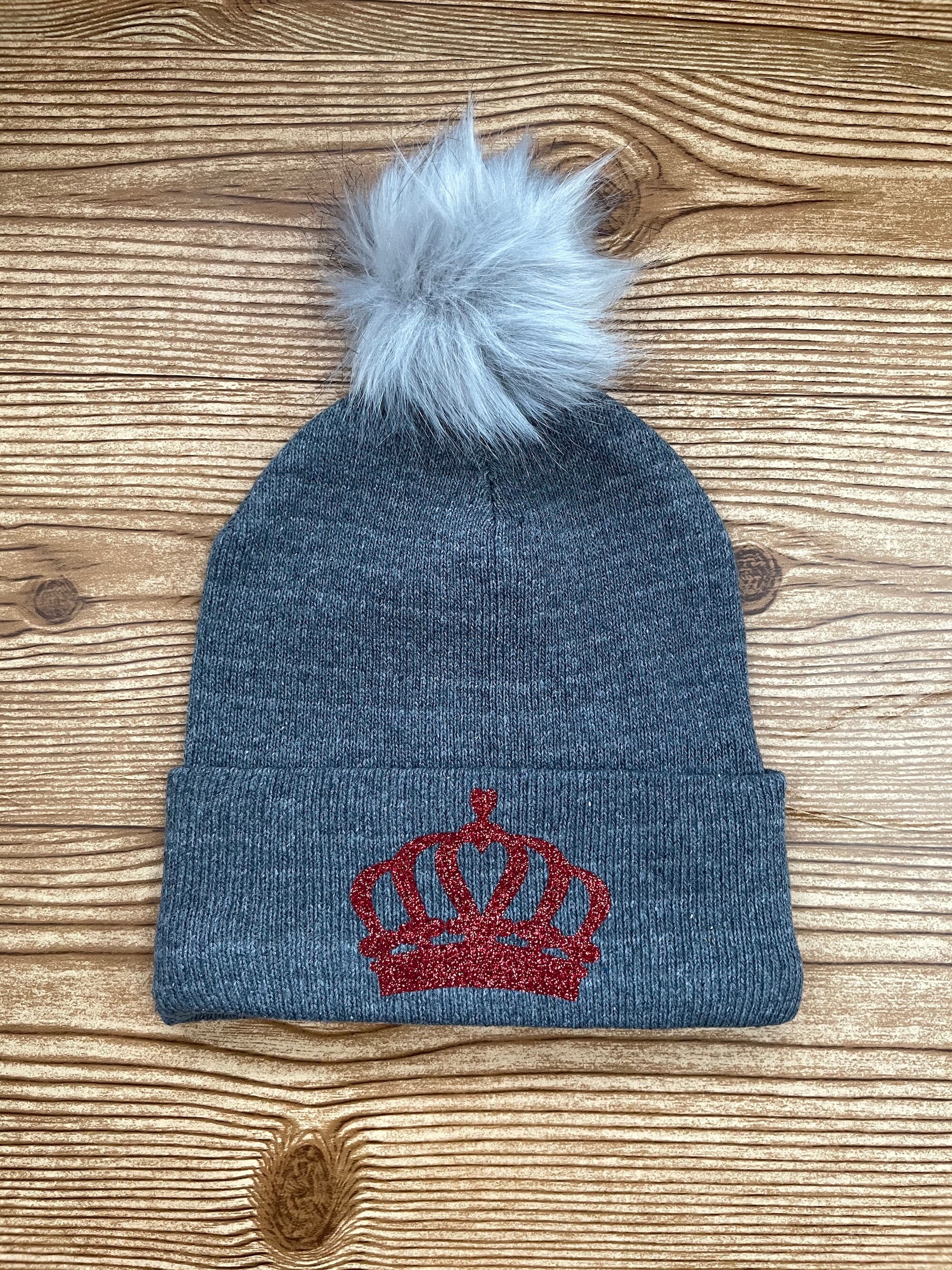 Gray Knit Hat Beanie with Red Glitter Crown and Custom Pom Pom | Etsy