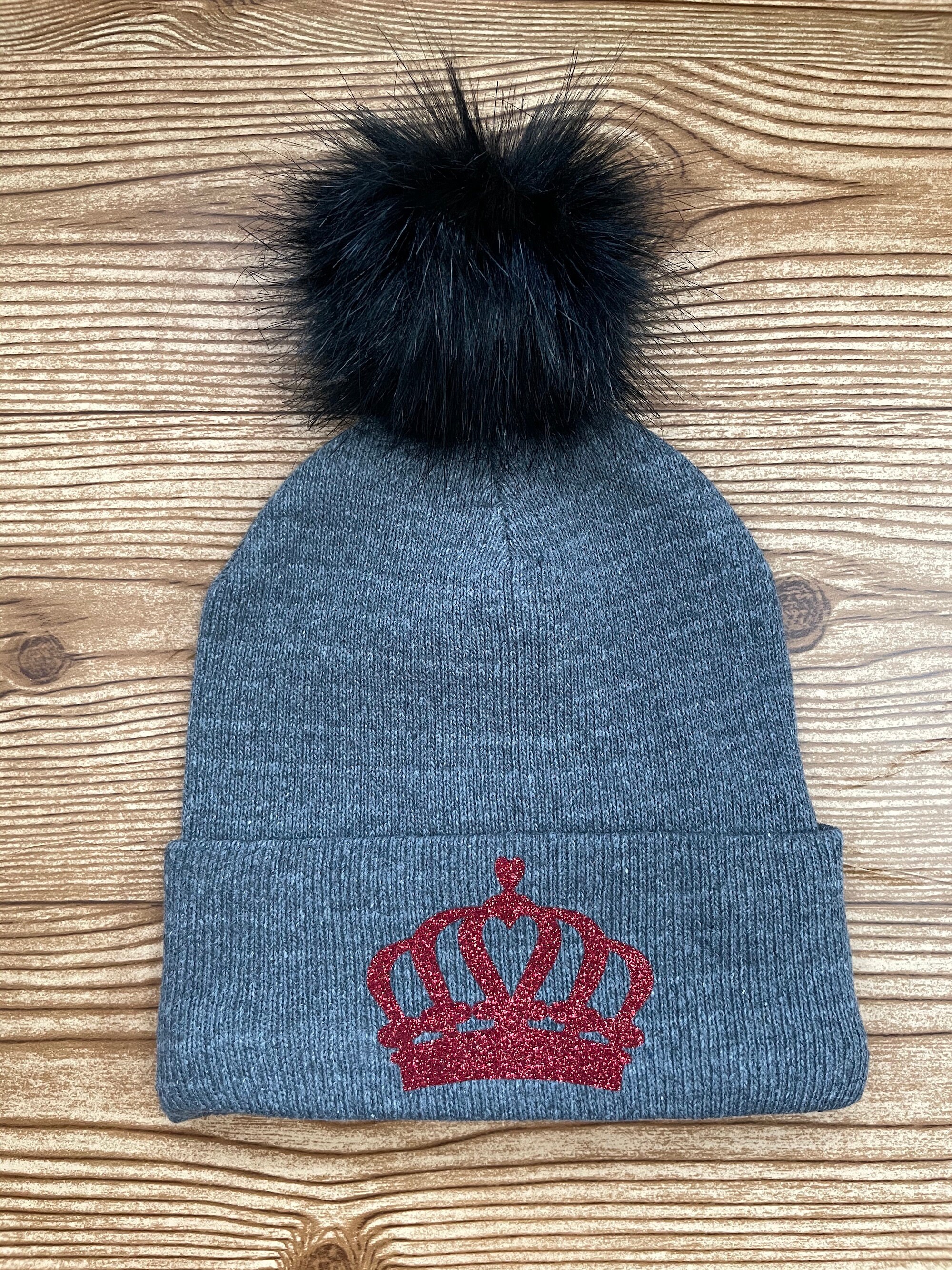Gray Knit Hat Beanie with Red Glitter Crown and Custom Pom Pom | Etsy
