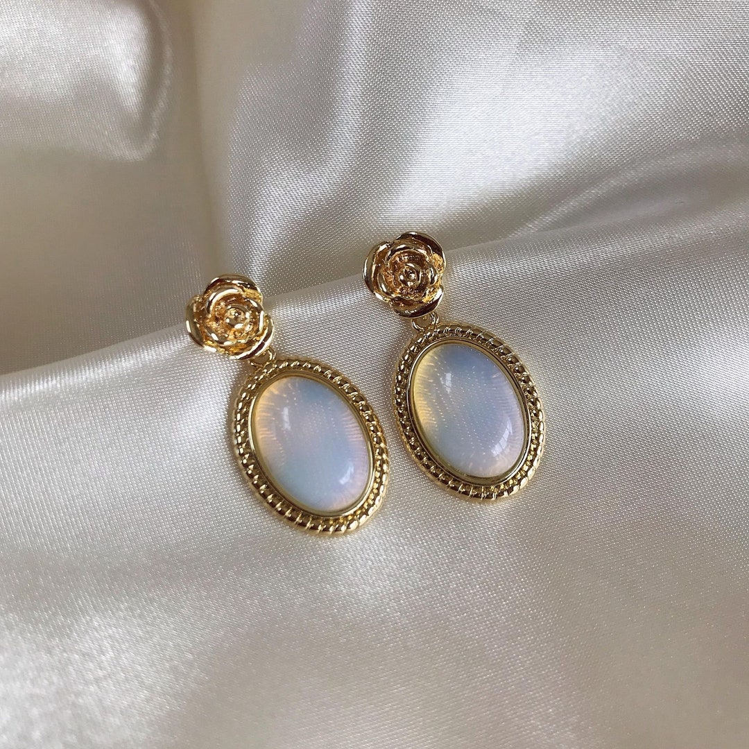 Rose, Gold Plated Earrings, Opalite Earrings, Opalite Dangle Earrings ...